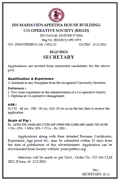 Work With Us - JSS Mahavidyapeetha Employees Housing Building Co ...